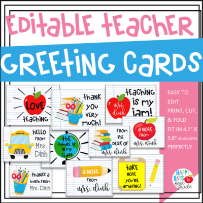 Editable Teacher Greeting and Thank You Cards | Happy Days in First Grade